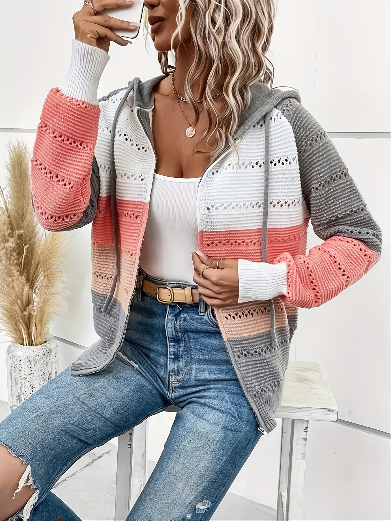 color block zipper front hooded cardigan casual long sleeve - Temu Canada