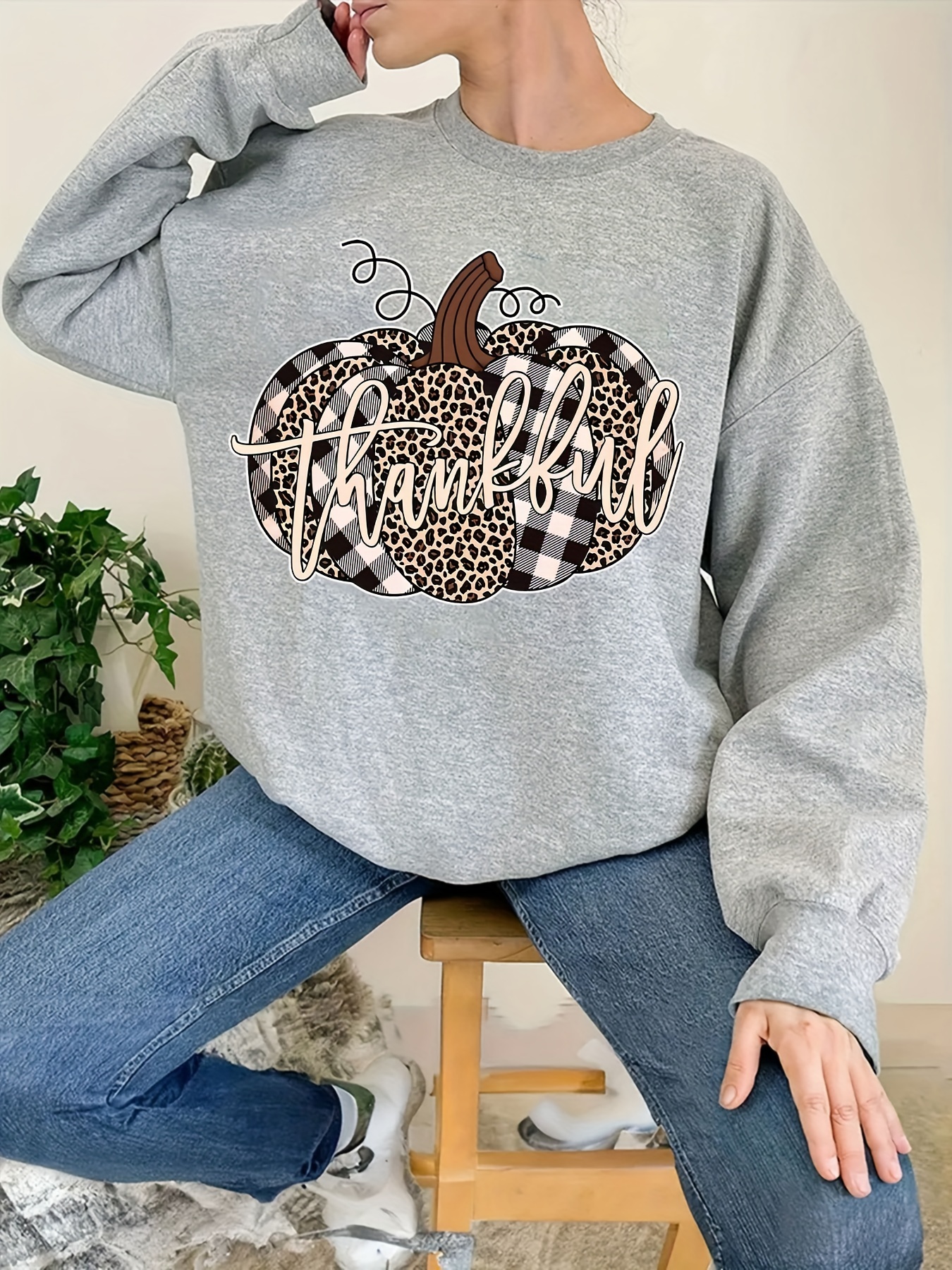 Thanksgiving Pumpkin Print Sweatshirt Casual Long Sleeve - Temu Australia