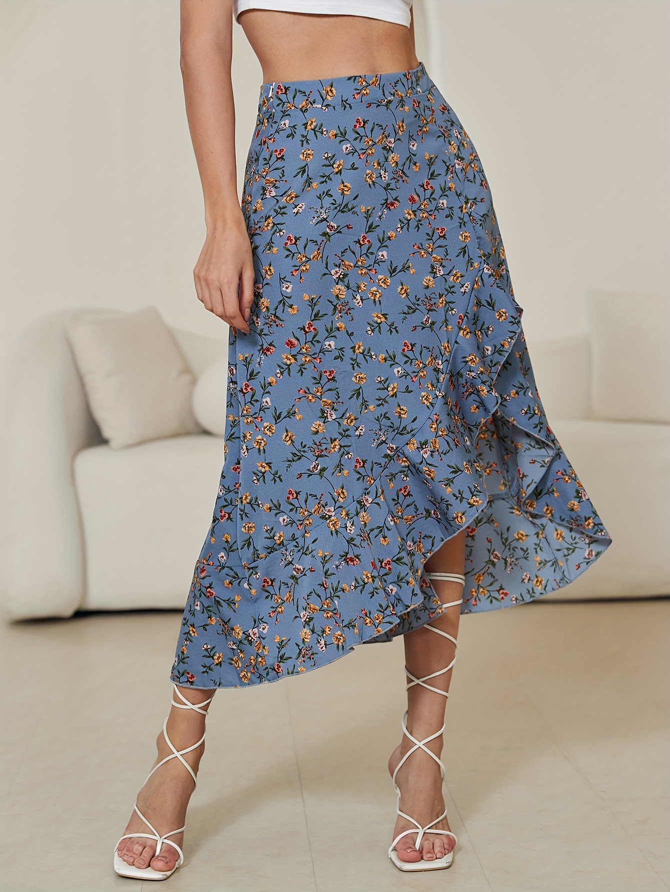 Floral Print High Waist Skirt Cute Asymmetrical Skirt Spring Temu