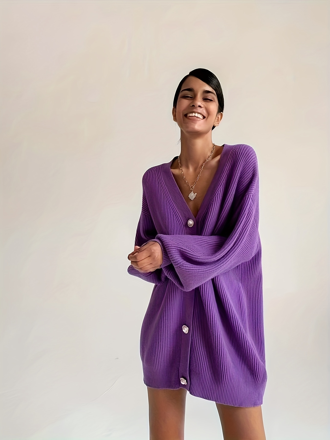 ボタンダウンニットカーディガン、 長袖ルーズセーターアウター、婦人服 Temu Japan