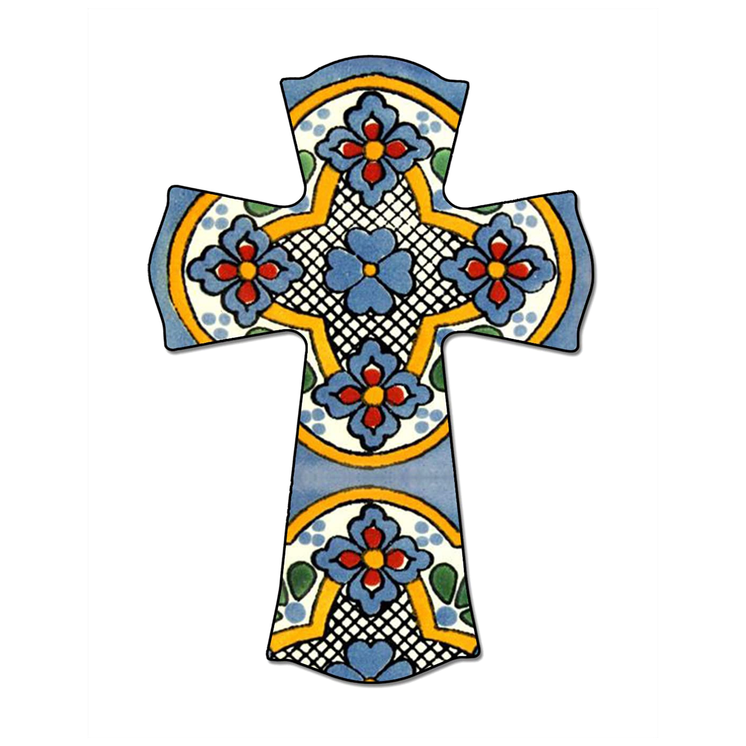 Blue Christian Wooden Wall Cross Talavera Mexico Flower - Temu Canada