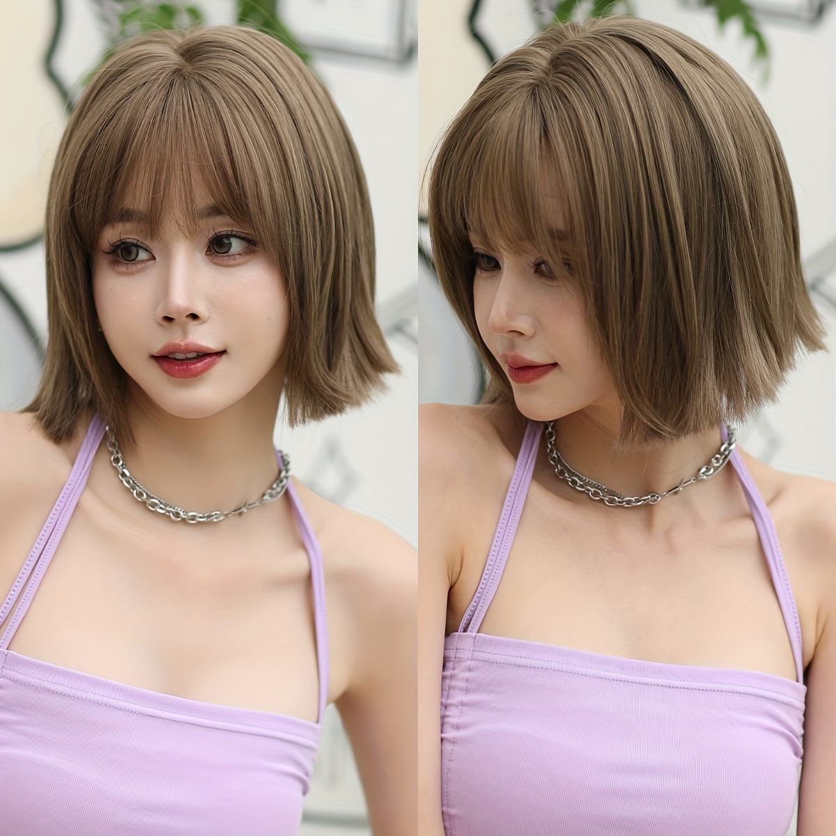 합성 짧은 직선 다크 브라운 뱅과 함께 자연스러운 블랙 밥 위그 여성용 일상 파티 고품질 12 인치 Temu Republic