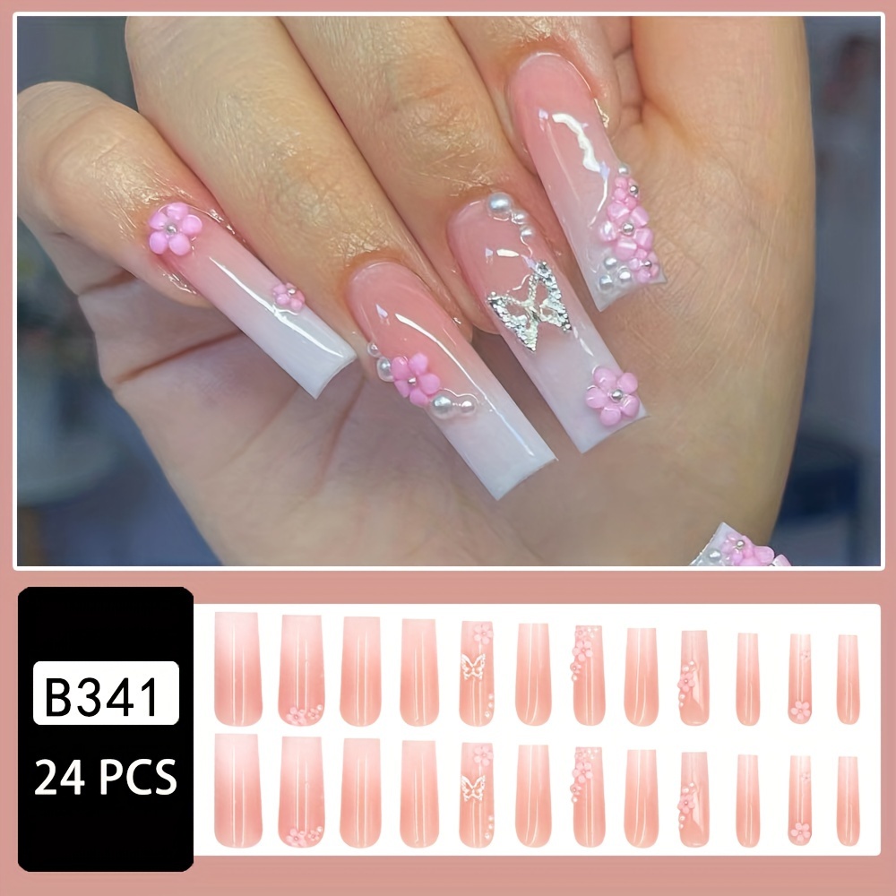 Pinkish White Nails Gradient Press Nails 3d Cute Flower - Temu United ...