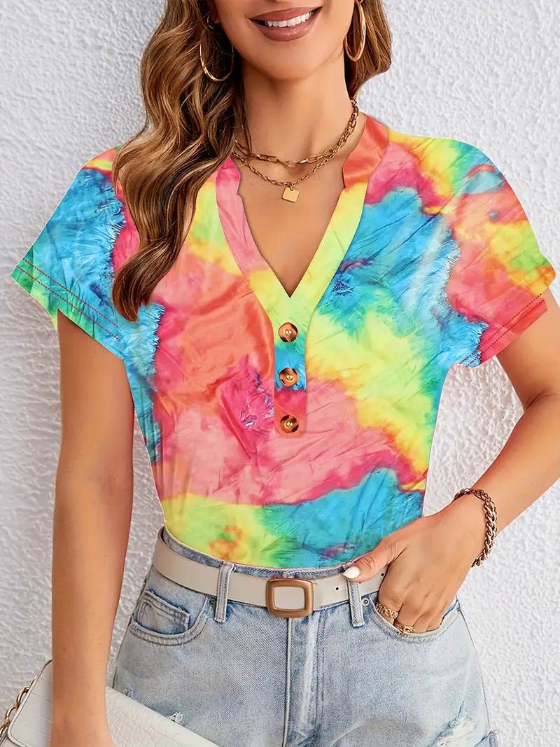 Gradient Button Front T Shirt Casual V Neck Short Sleeve Temu
