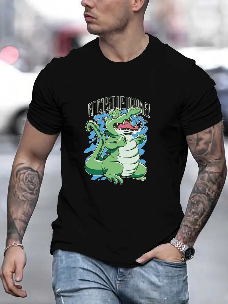 Cartoon Crocodile Graphic Print Mens Creative Top Casual Temu Canada