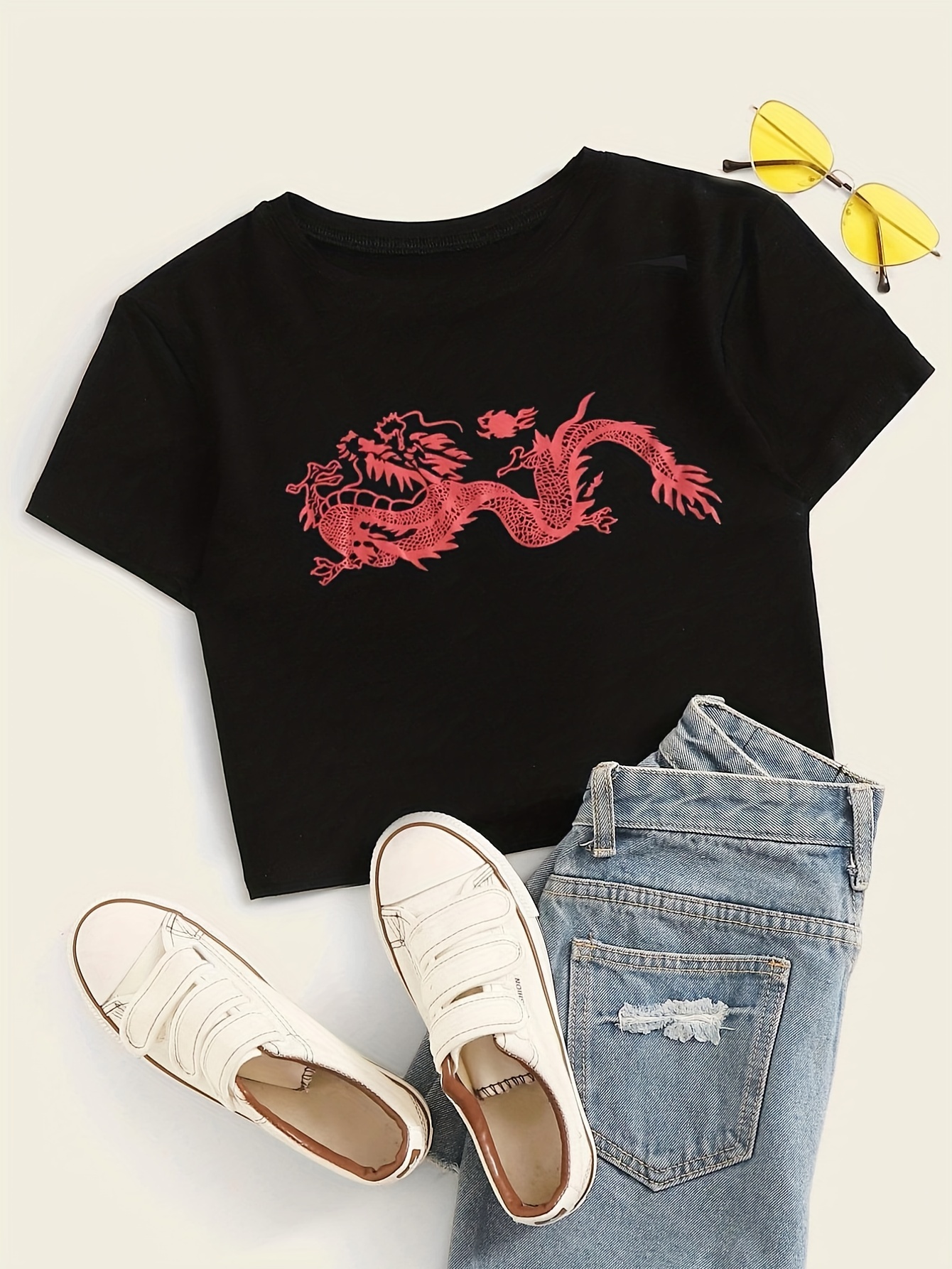 プリント半袖tシャツ 春夏用の な無地の ネックtシャツ 女性用の衣服 Temu Japan
