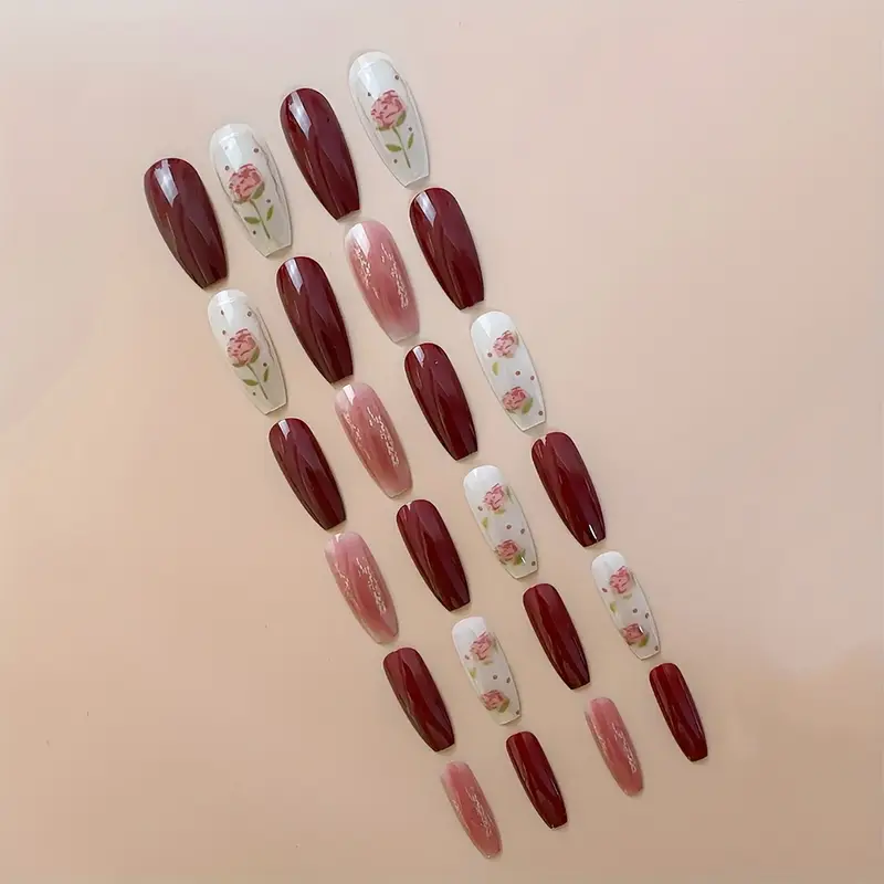 24pcs 광택 긴 관 가짜 손톱 장미 꽃 디자인과 손톱에 적갈색 그라데이션 프레스 여성용 빈티지 거짓 손톱 Temu