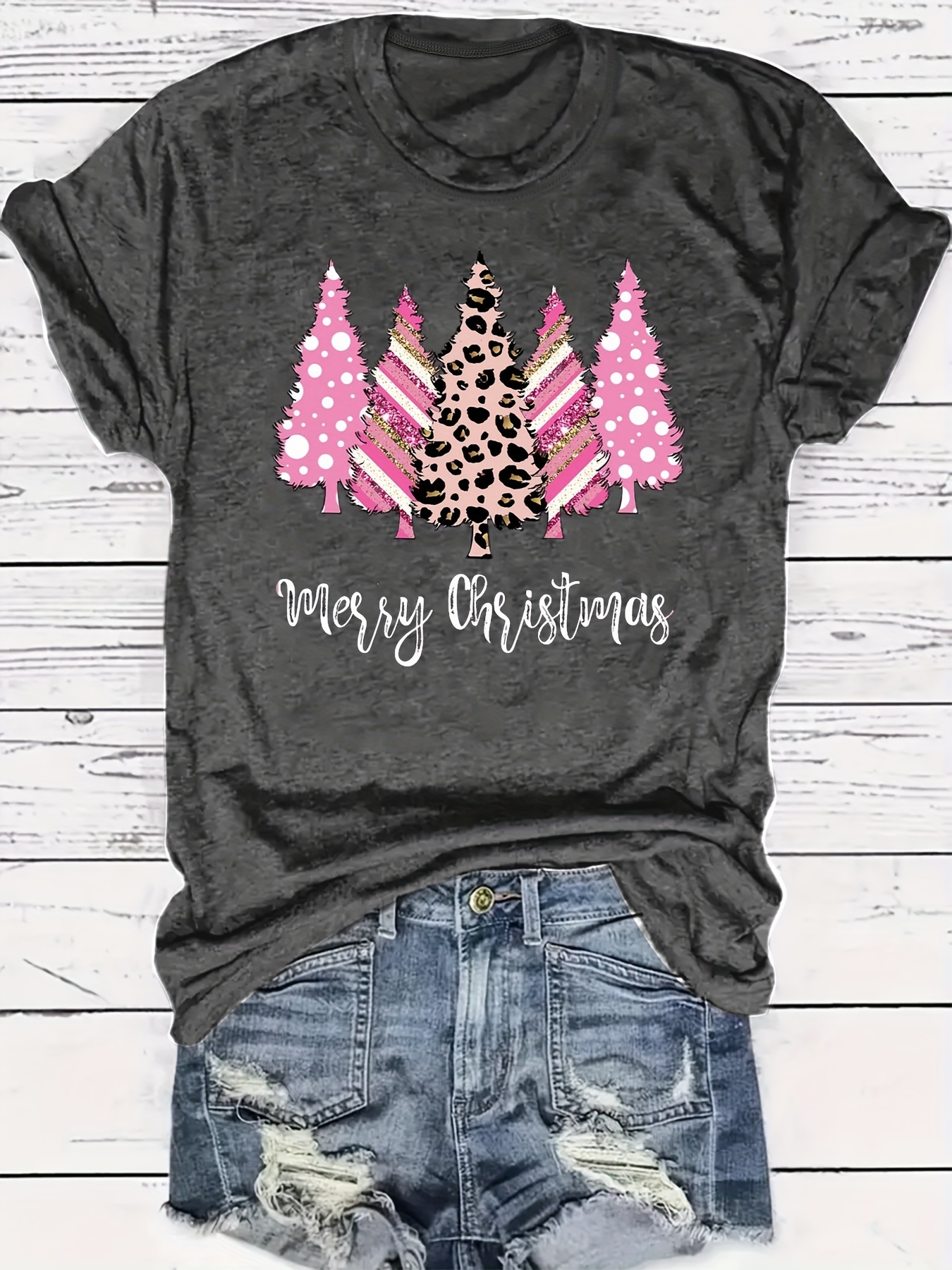 Christmas Tree Print Tee Casual Short Sleeve Crew Neck T - Temu Australia