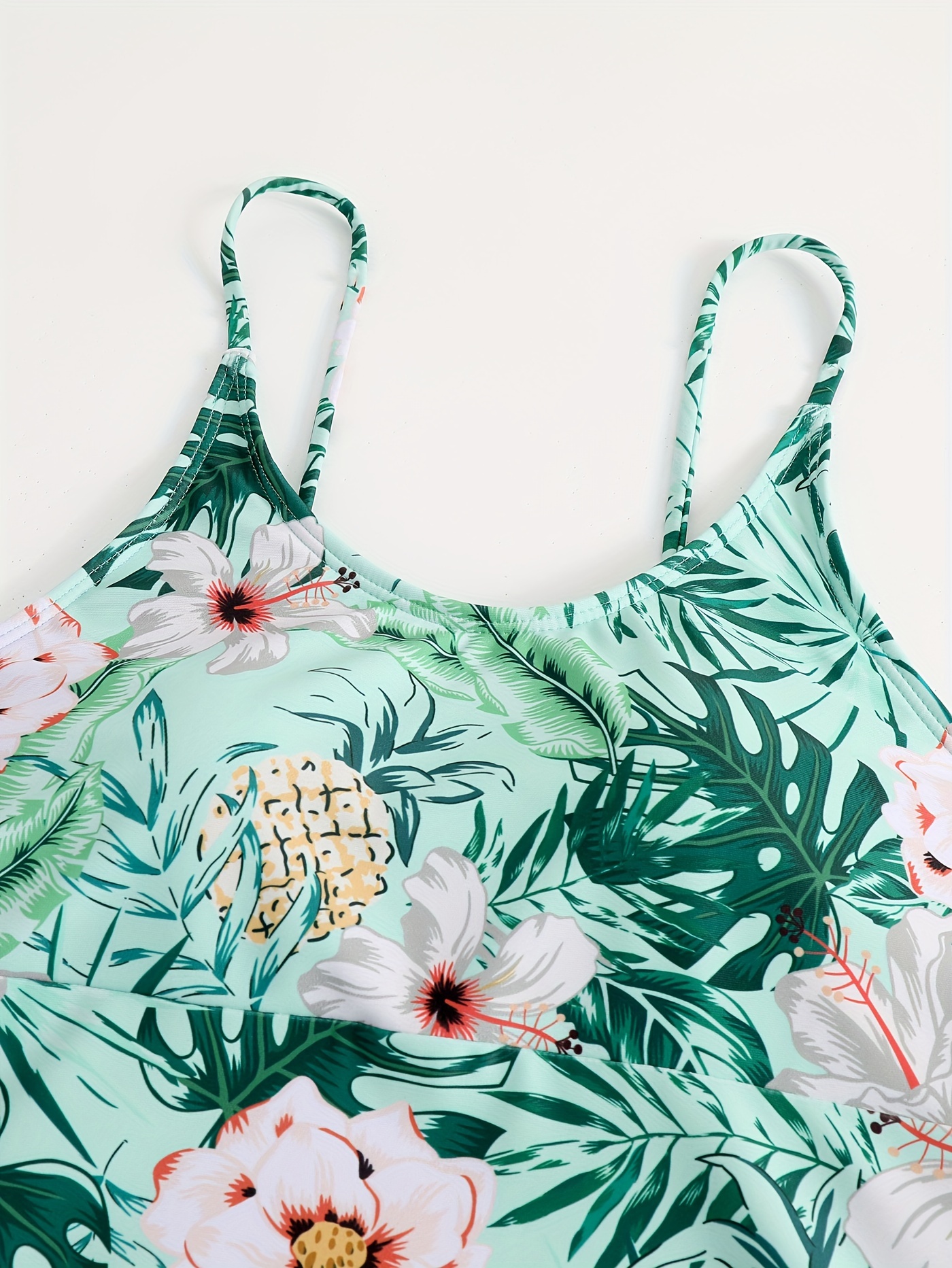 Tropical Floral Pineapple Print Green Tankini Drwastring - Temu Canada