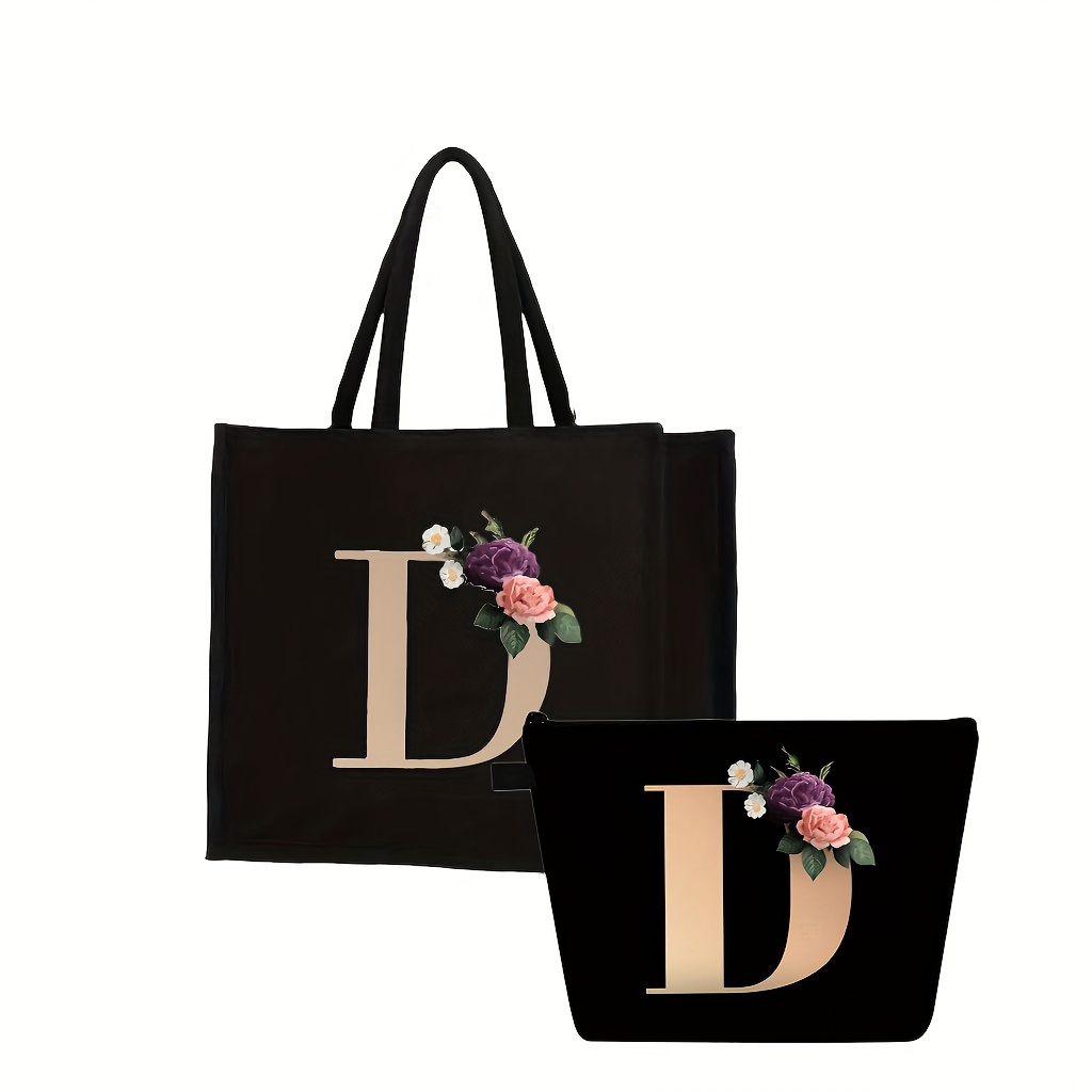 Trendy Letter Floral Print Tote Bag Set Casual Large - Temu United Kingdom