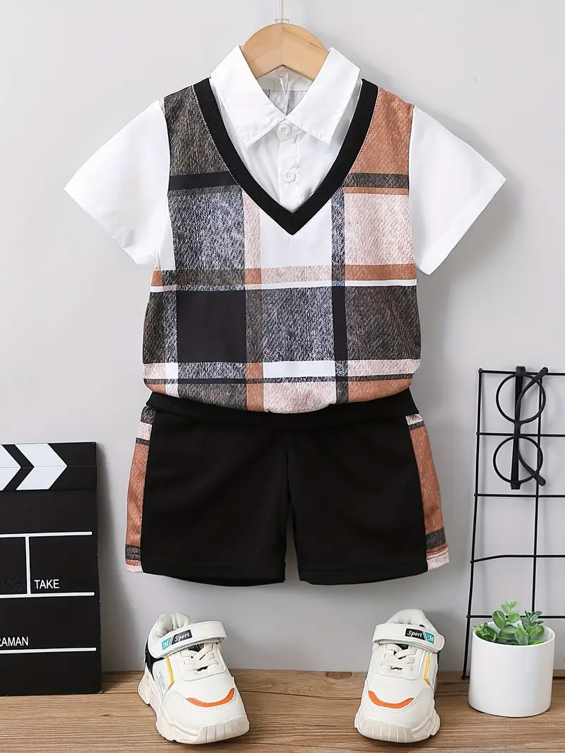 ボーイズカジュアルチェック柄グラフィックプリント半袖tシャツ ショーツセット2枚 快適な夏用子供服 Temu Japan