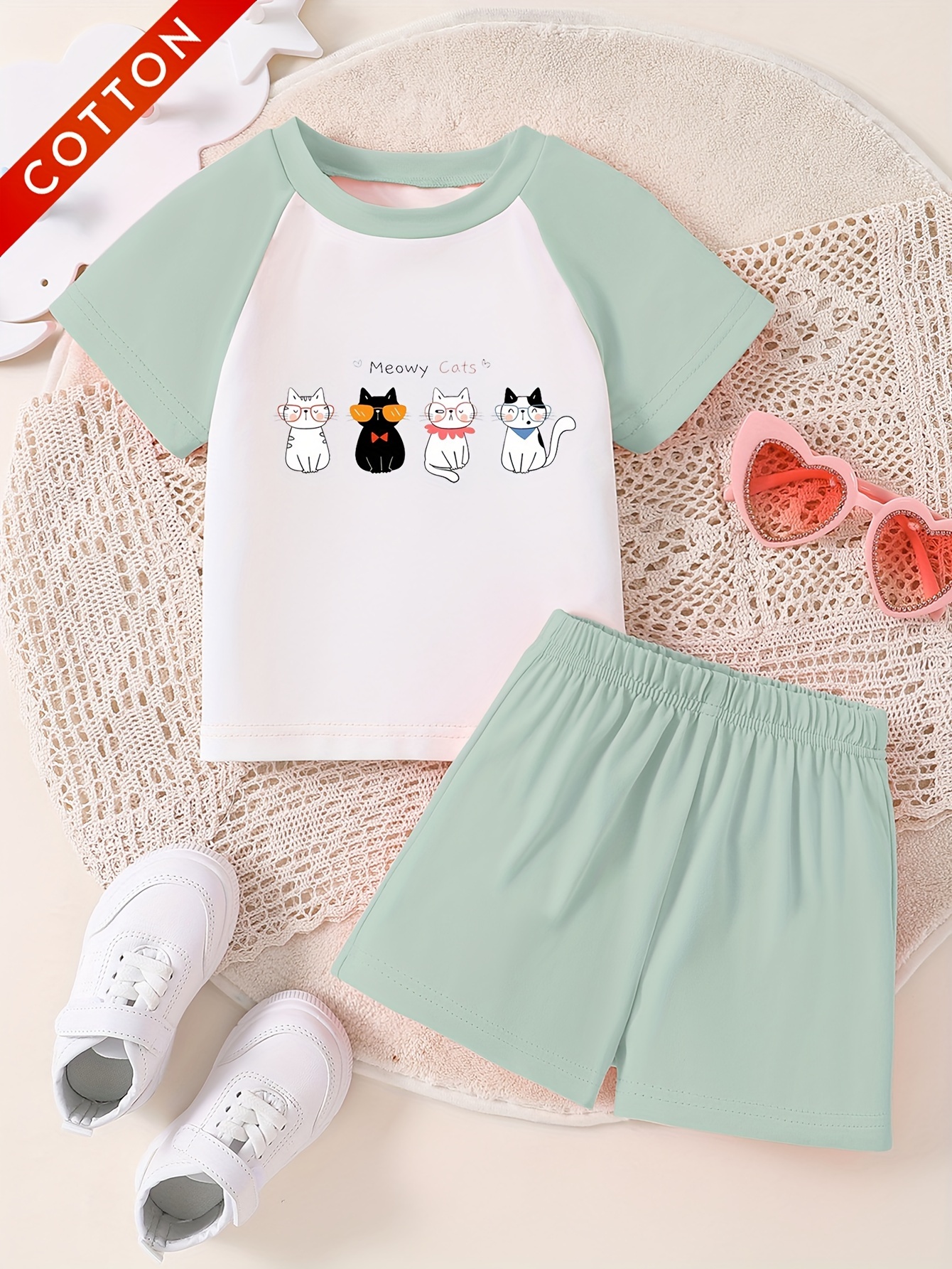 Toddler Kid Girls Trendy Cotton Casual Set Cartoon Cats - Temu Australia