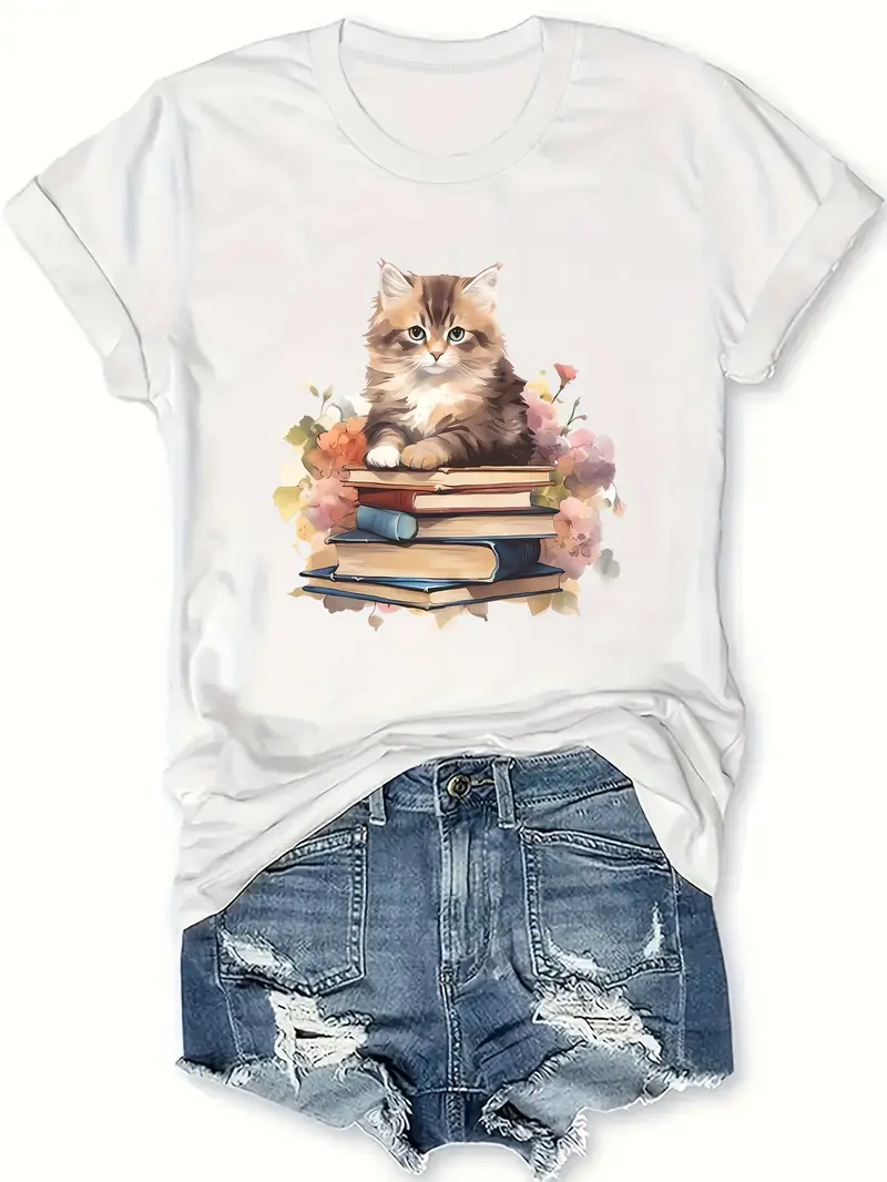 Cat Book Print Crew Neck T Shirt Casual Short Sleeve T Shirt Temu
