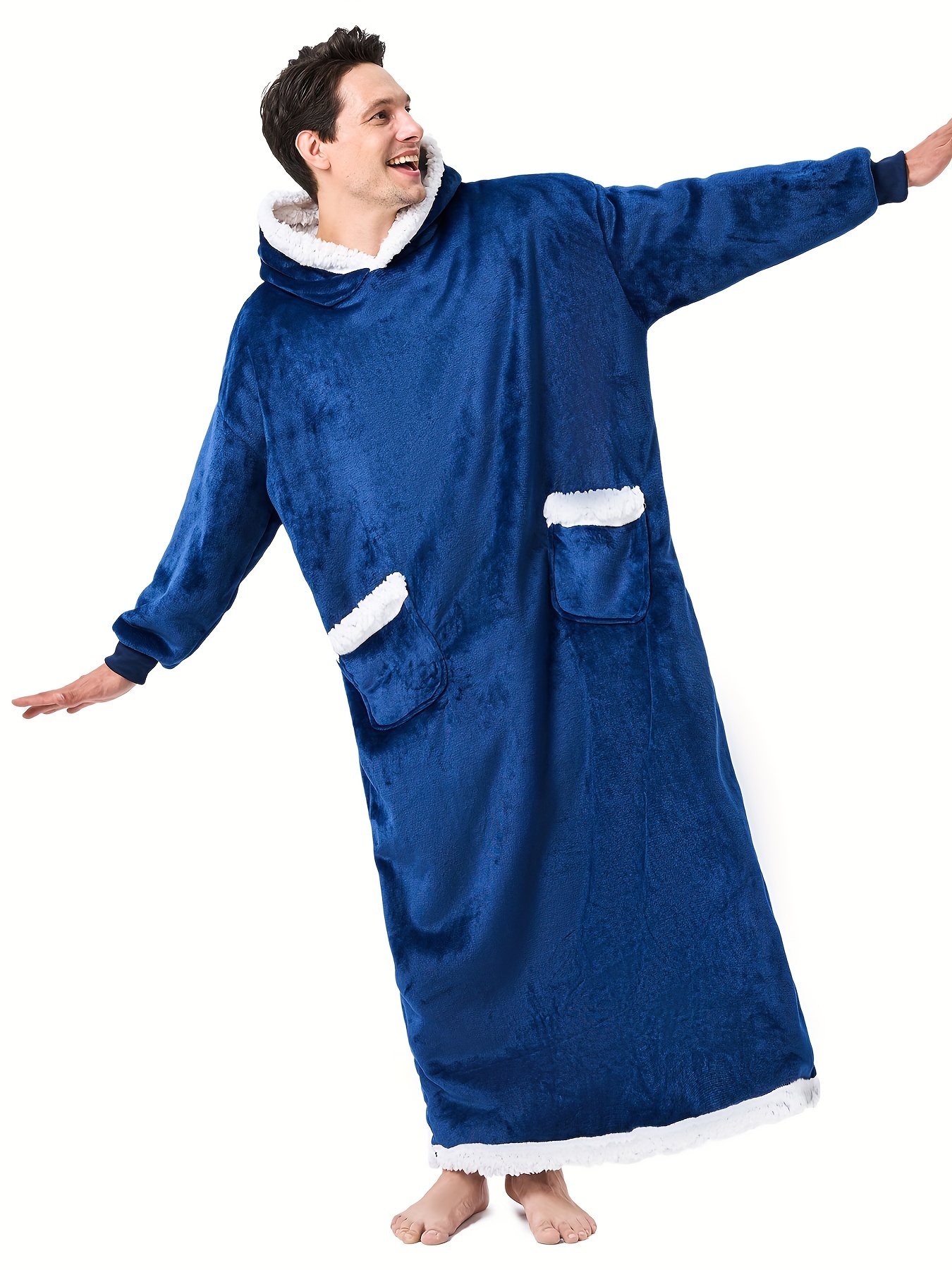 Men's Trendy Pajamas Hooded Warm Robe With Pocket, Solid One-piece ...