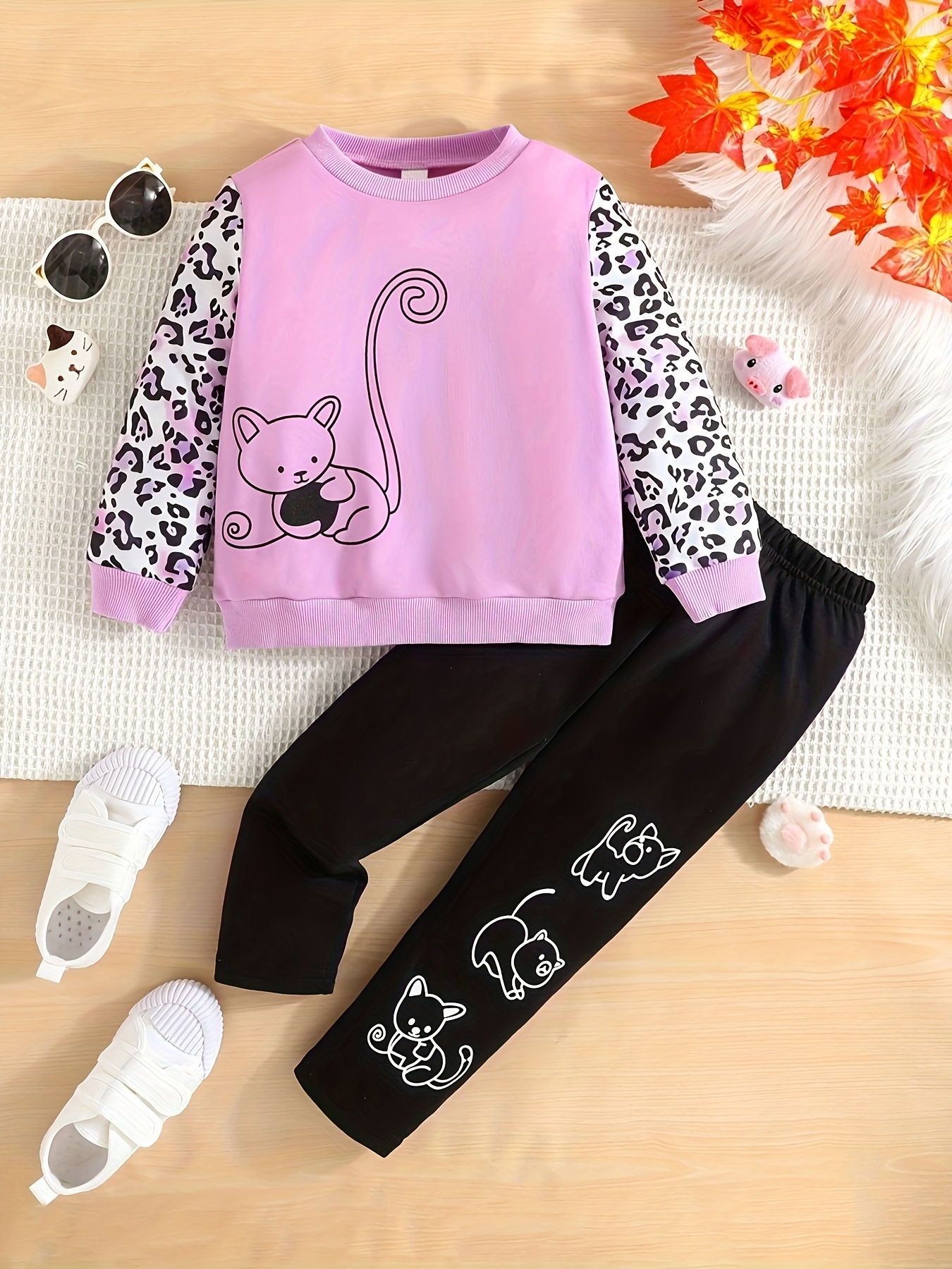 Sets Girls Splicing Leopard Print Top + Pants Cute - Temu Australia