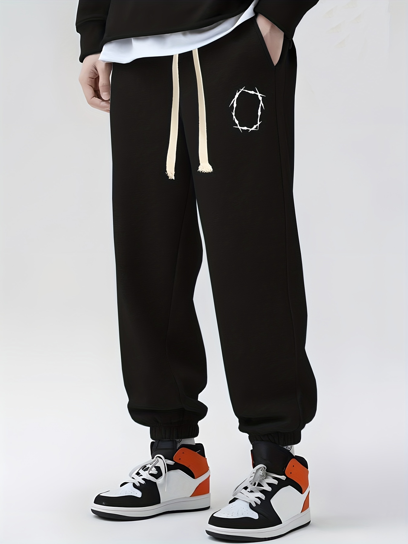 Simple Pattern Print Drawstring Sweatpants Loose Fit Pants Mens Casual