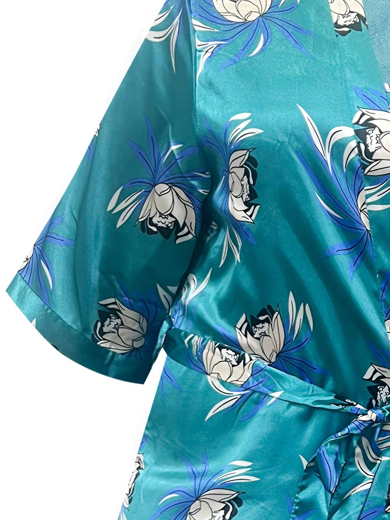 floral print satin night robe half sleeve v neck robe belt - {region_name}