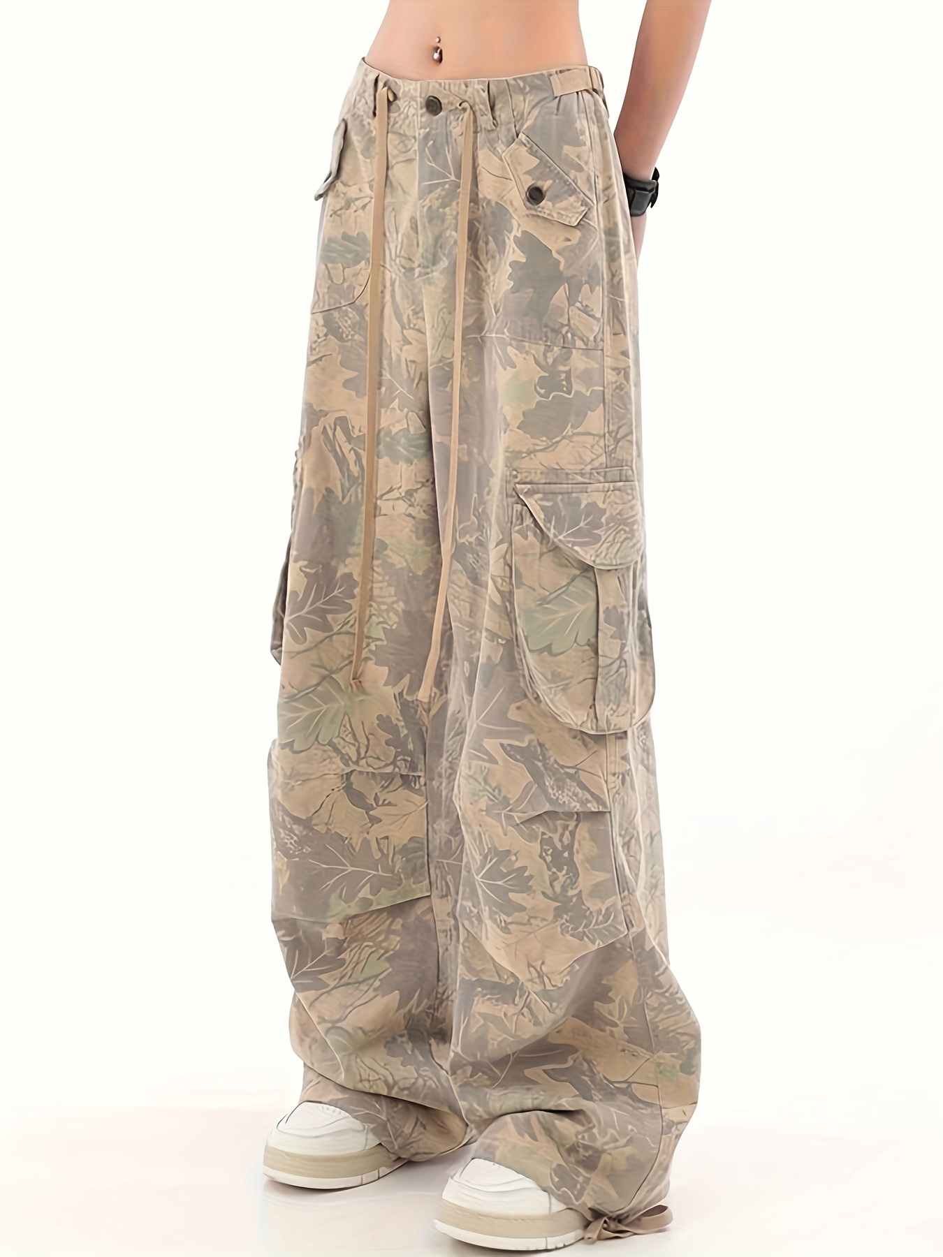 Plant Print Flap Pocket Loose Cargo Pants Casual Drawstring Temu
