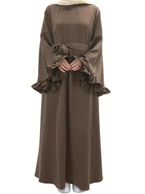 Layered Ruffle Trim Kaftan Dress Elegant Open Front Long Sleeve Maxi
