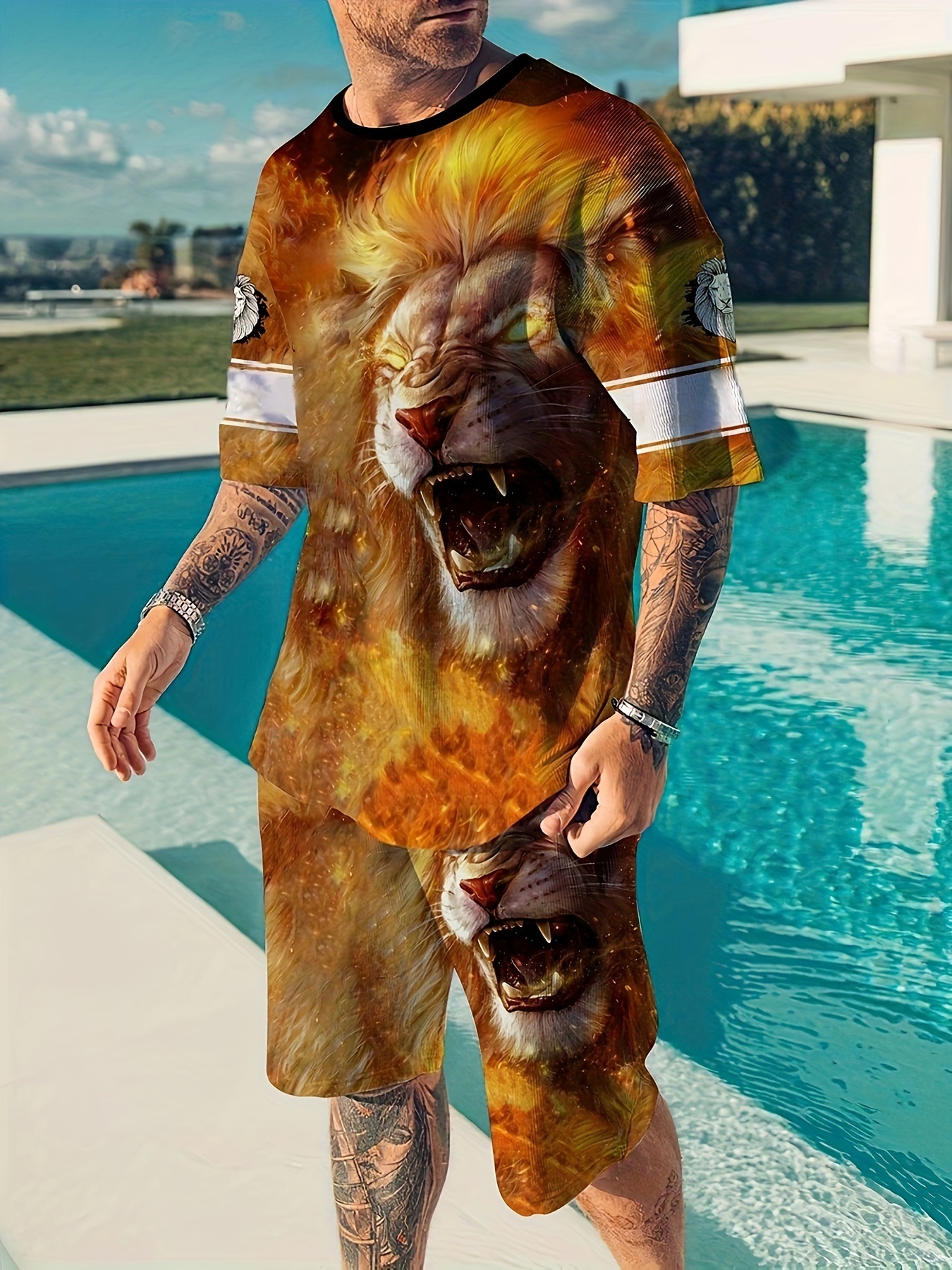 Lion Pattern Men's Outfits Casual Crew Neck Short Sleeve T - Temu Australia