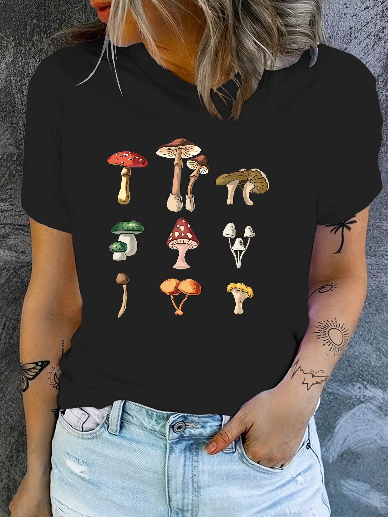 Mushroom Print T shirt Short Sleeve Crew Neck Casual Top - Temu Australia