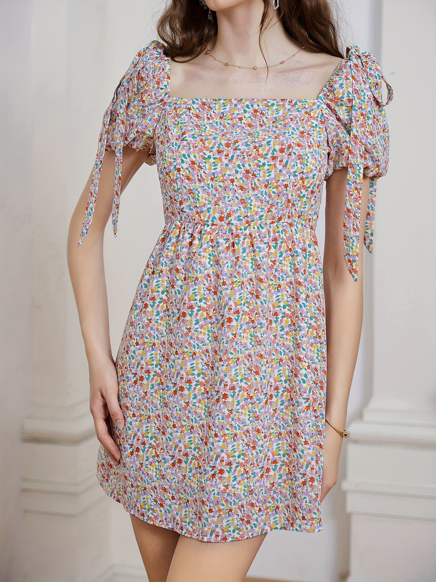 floral print knotted dress casual puff sleeve mini dress - Temu