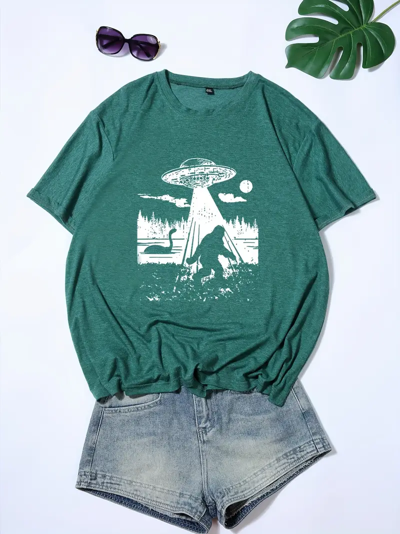 Spaceship Print T Shirt Plus Size Casual Crew Neck Short Temu Australia