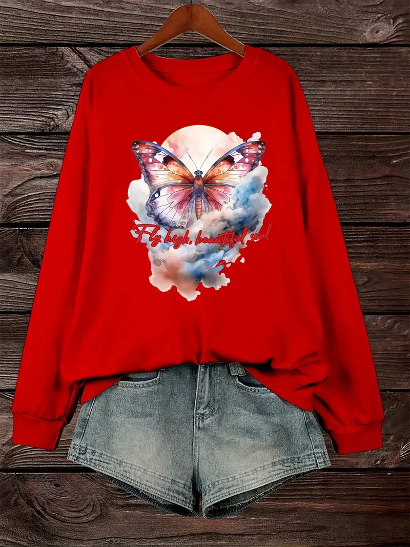 Plus Size Butterfly Letter Print Sweatshirt Casual Long Temu United