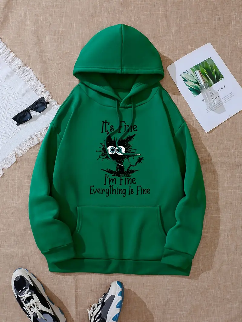 Cat Letter Print Kangaroo Pocket Hoodie Casual Long Sleeve Temu