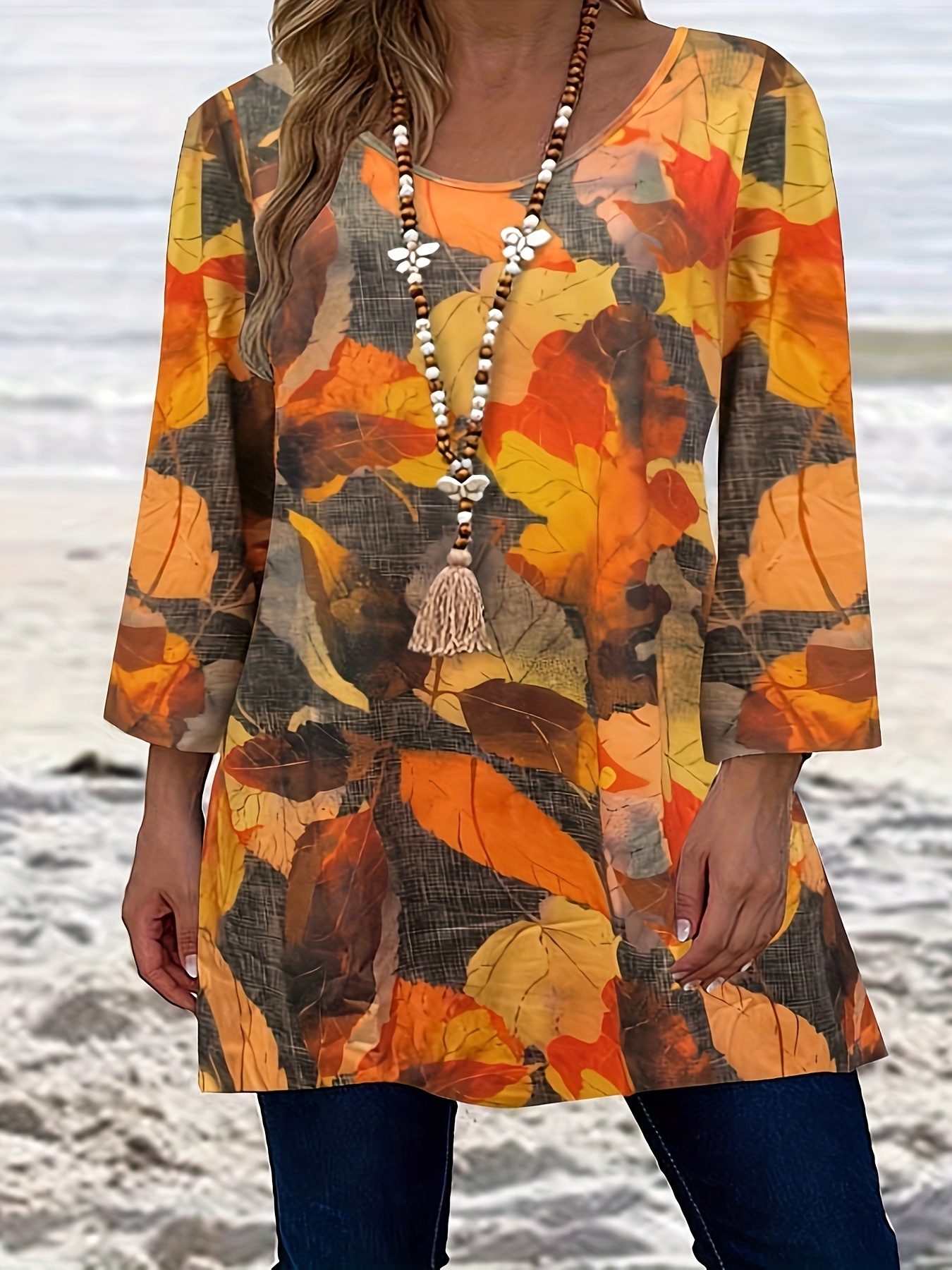 Plus Size Casual Top, Women's Plus Maple Leaf Print Long Sleeve High ...