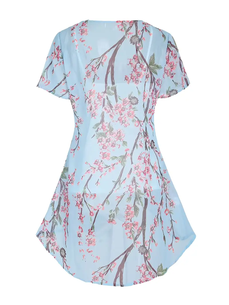 Floral Print Two Piece Set Casual Tank Top Open Front Kimono Temu