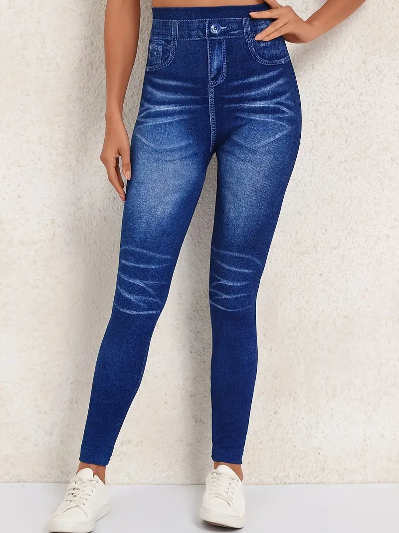 Casual Leggings Plus Size Women S Plus Denim Print Elastic Temu Australia