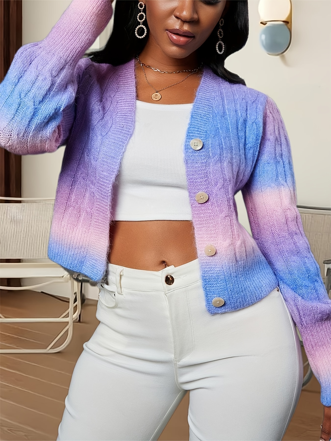 Ombre V Neck Button Cardigan Casual Long Sleeve Cardigan - Temu Australia