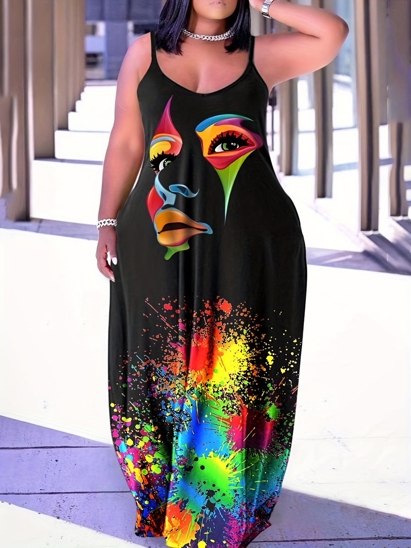 Graffiti Abstract Face Print Dress Casual Sleeveless Crew - Temu New ...