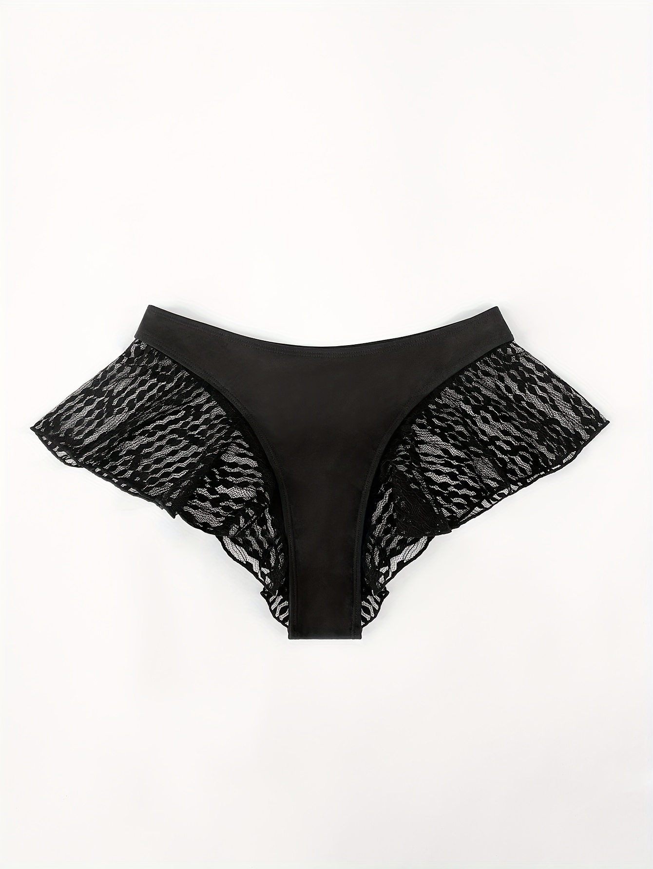 Ruffle Semi Sheer Mesh Swim Briefs Solid Black Stretchy - Temu