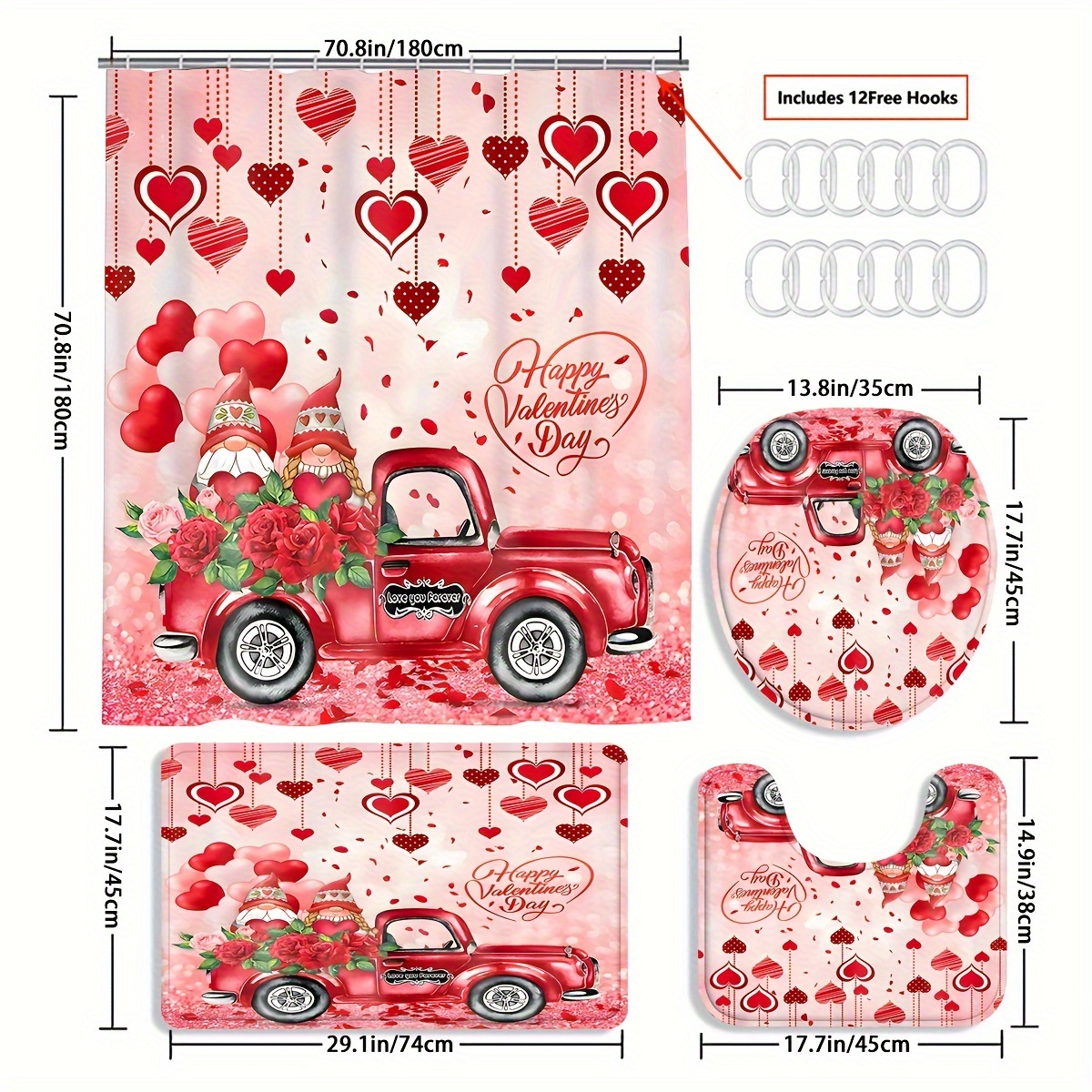 Shower Curtain Set Red Love Heart Truck Pattern Waterproof - Temu Canada