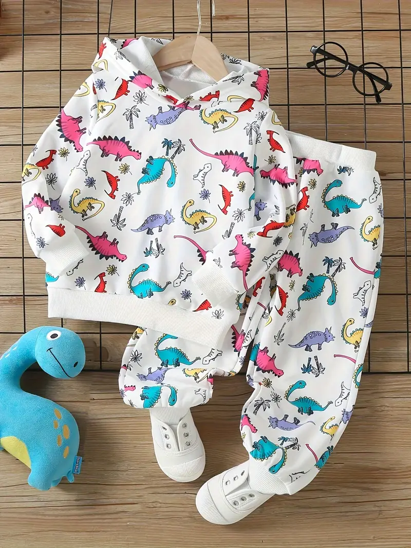 男の子用カラフルな恐竜総柄プリントフード付き衣装 パーカー パンツセット 秋冬用子供服 ギフトとして2点。 Temu Japan