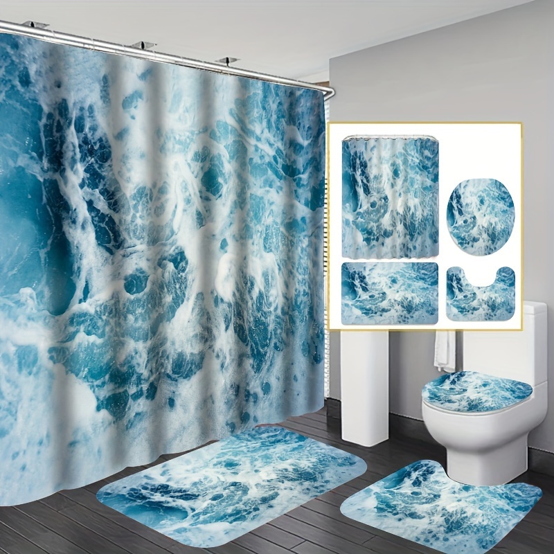 Ocean Wave Printed Shower Curtain Set Blue Waterproof - Temu Canada