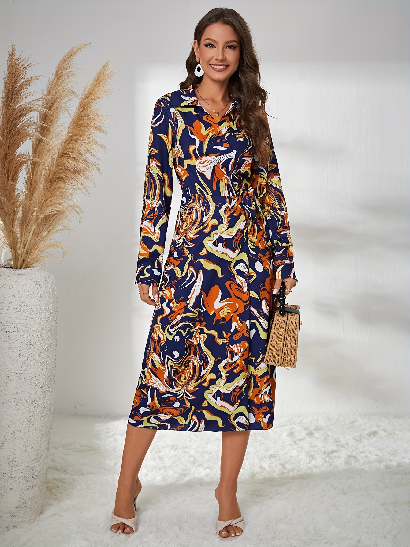 Allover Print Dress Elegant Long Sleeve Dress Spring Fall - Temu Australia