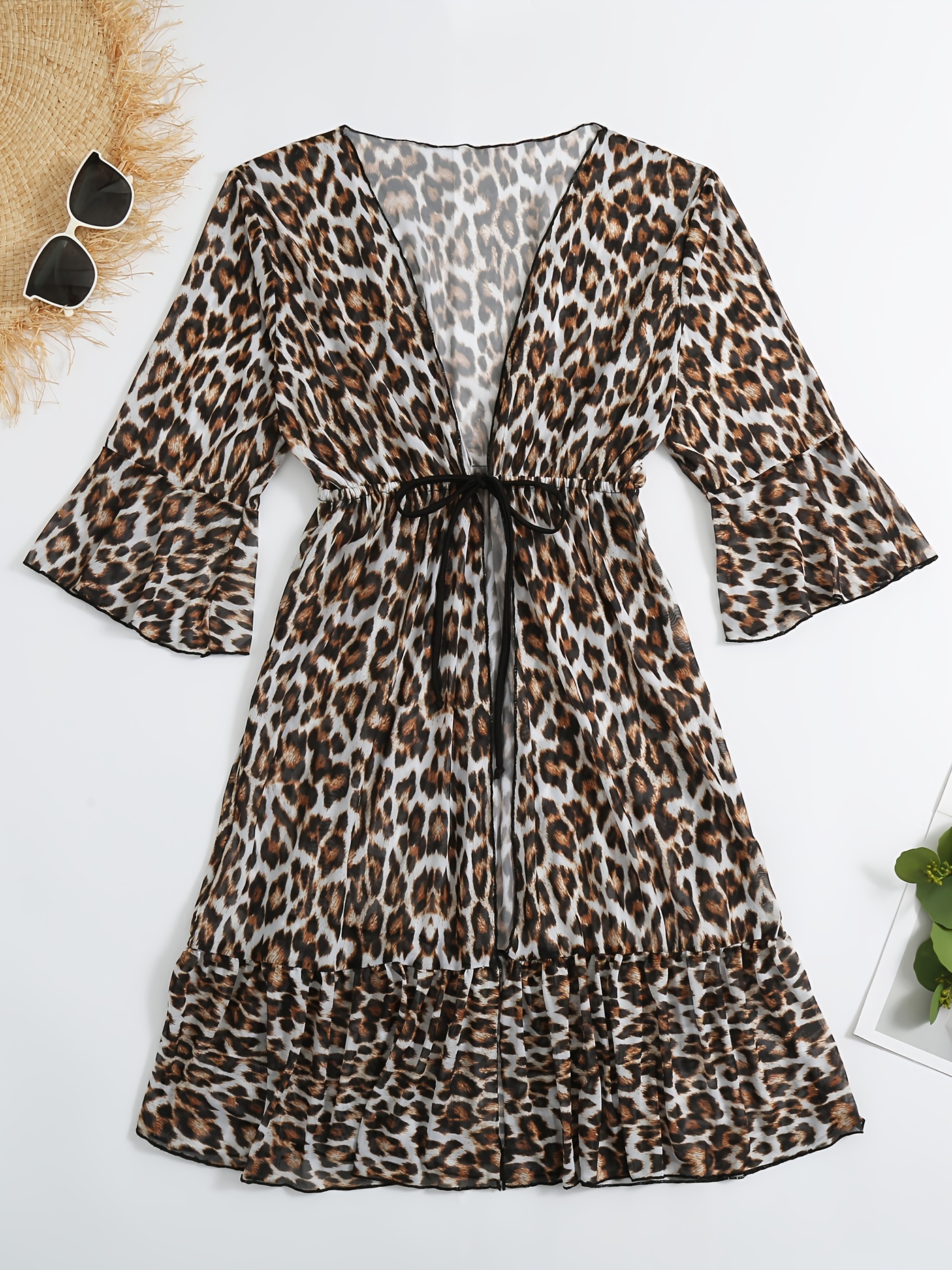 Leopard Print V Neck Loose Fit Long Sleeves Rash - Temu Australia