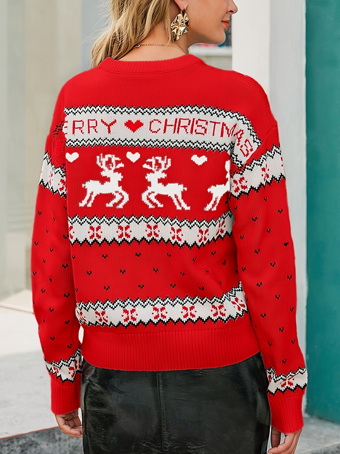 Elk Pattern Crew Neck Pullover Sweater Elegant Long Sleeve - Temu Australia