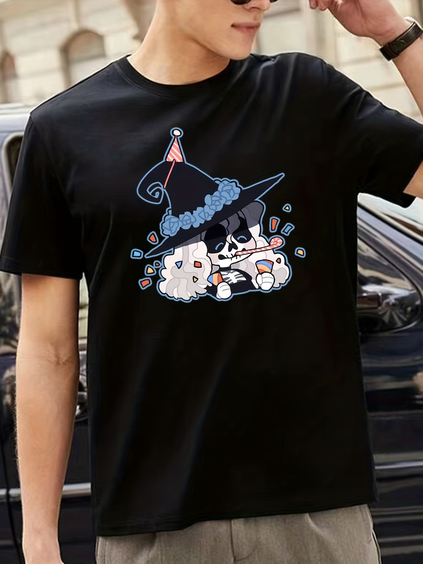 Cartoon Skeleton Witch Print Men's Graphic Design Crew Neck - Temu Ireland