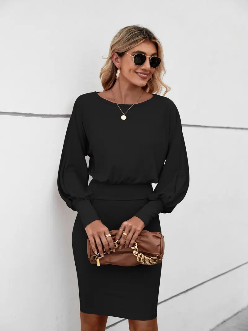 Solid Cinched Waist Bodycon Dress Elegant Lantern Sleeve Temu