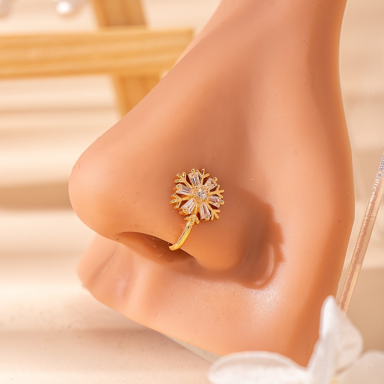 A Simple And Trendy Copper Christmas Snowflake shaped Nose Ring With Zirconia Christmas Parties As A Gift For Ladies