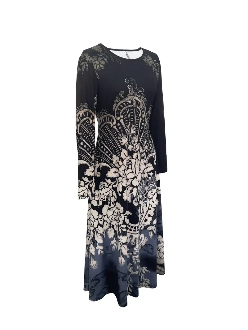Floral Print Crew Neck Dress Elegant Long Sleeve Dress Temu Denmark