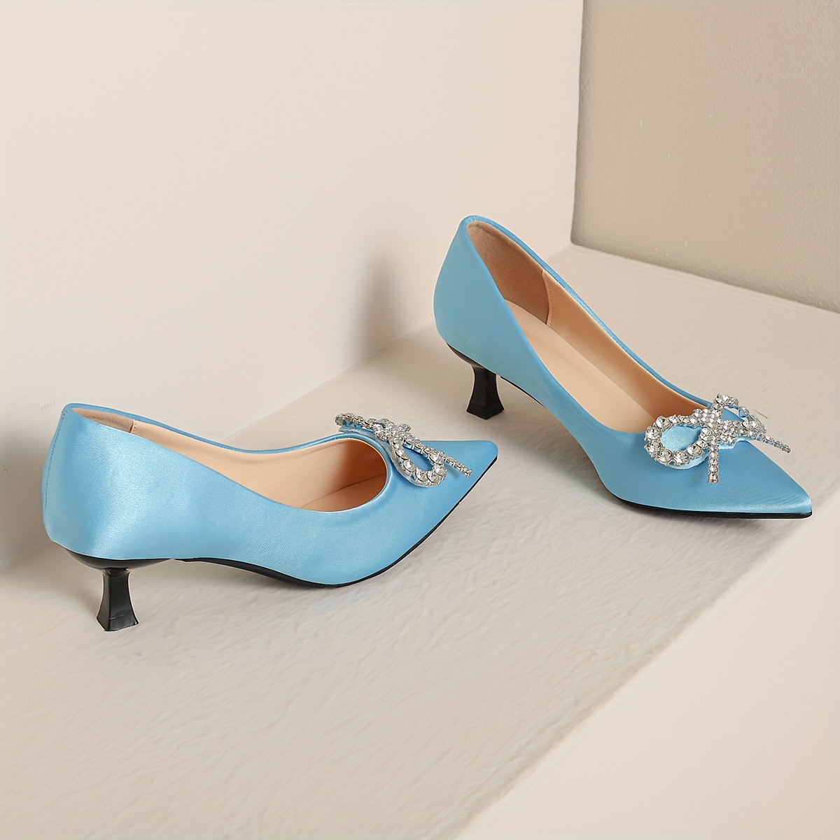 Rhinestone Bow Kitten Heels Womens Solid Color Pointed Toe Temu