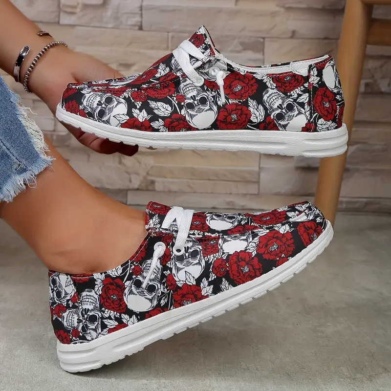 Womens Skull Flower Print Canvas Shoes Casual Lace Outdoor Temu Netherlands