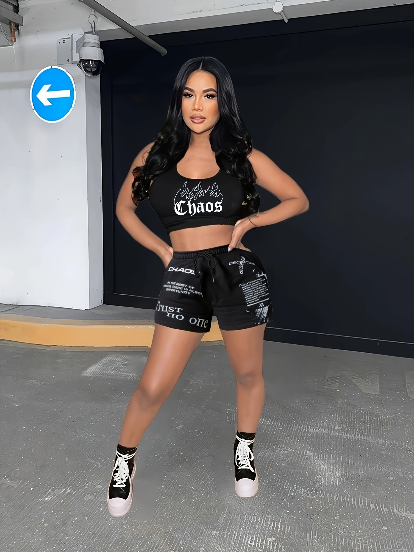 Letter Print Casual Two piece Set Crop Tank Top Drawstring - Temu Portugal