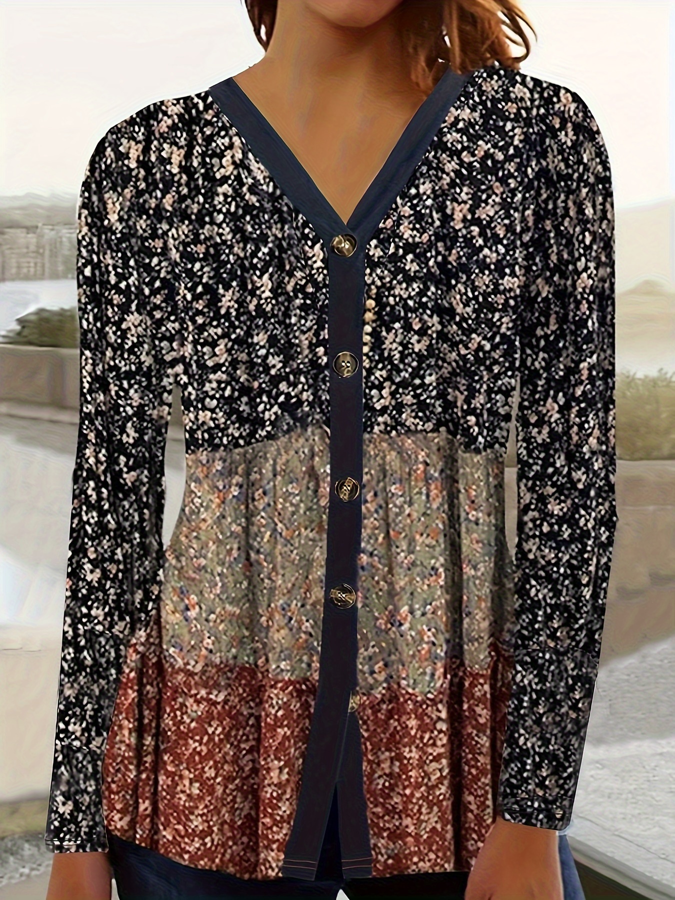 Plus Size Floral Print Colorblock Top Casual Button Front Temu