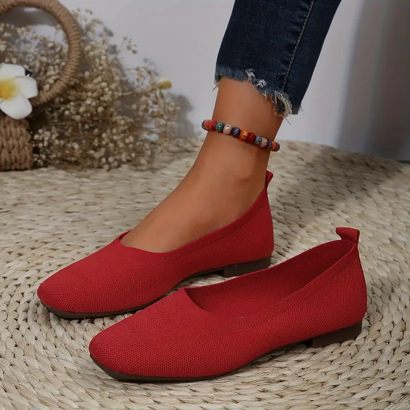 Square Toe Flat Shoes Womens Solid Color Knitted Soft Sole Temu